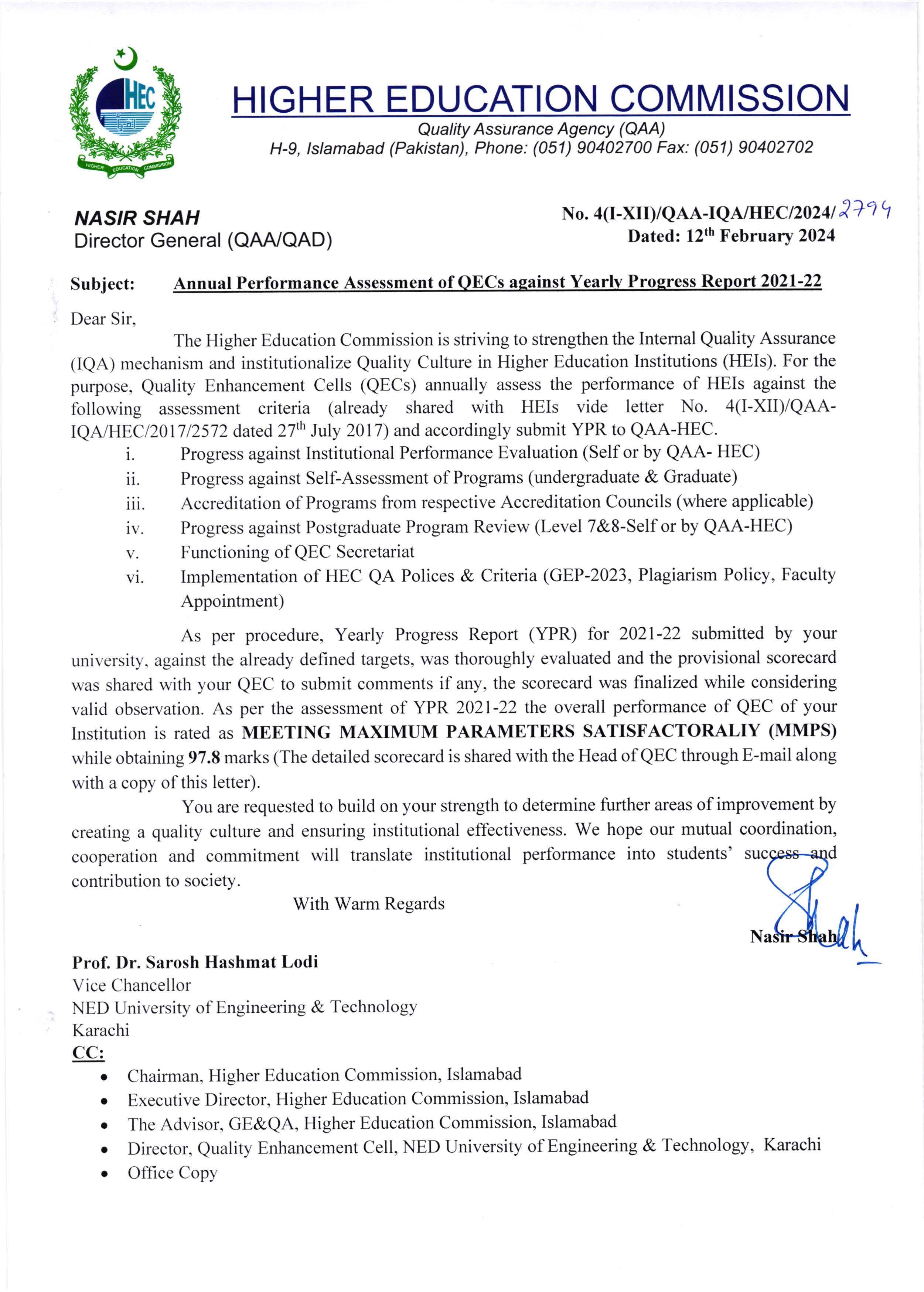 QEC Score Card | NEDUET - Depatmental Website